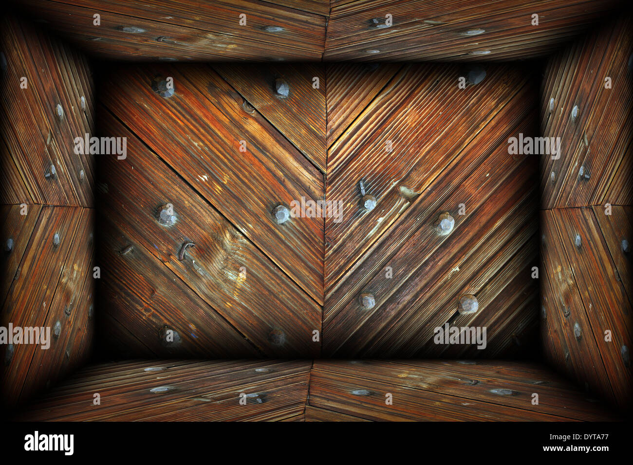 interesting interior of wood finished room, ancient looking backdrop ...