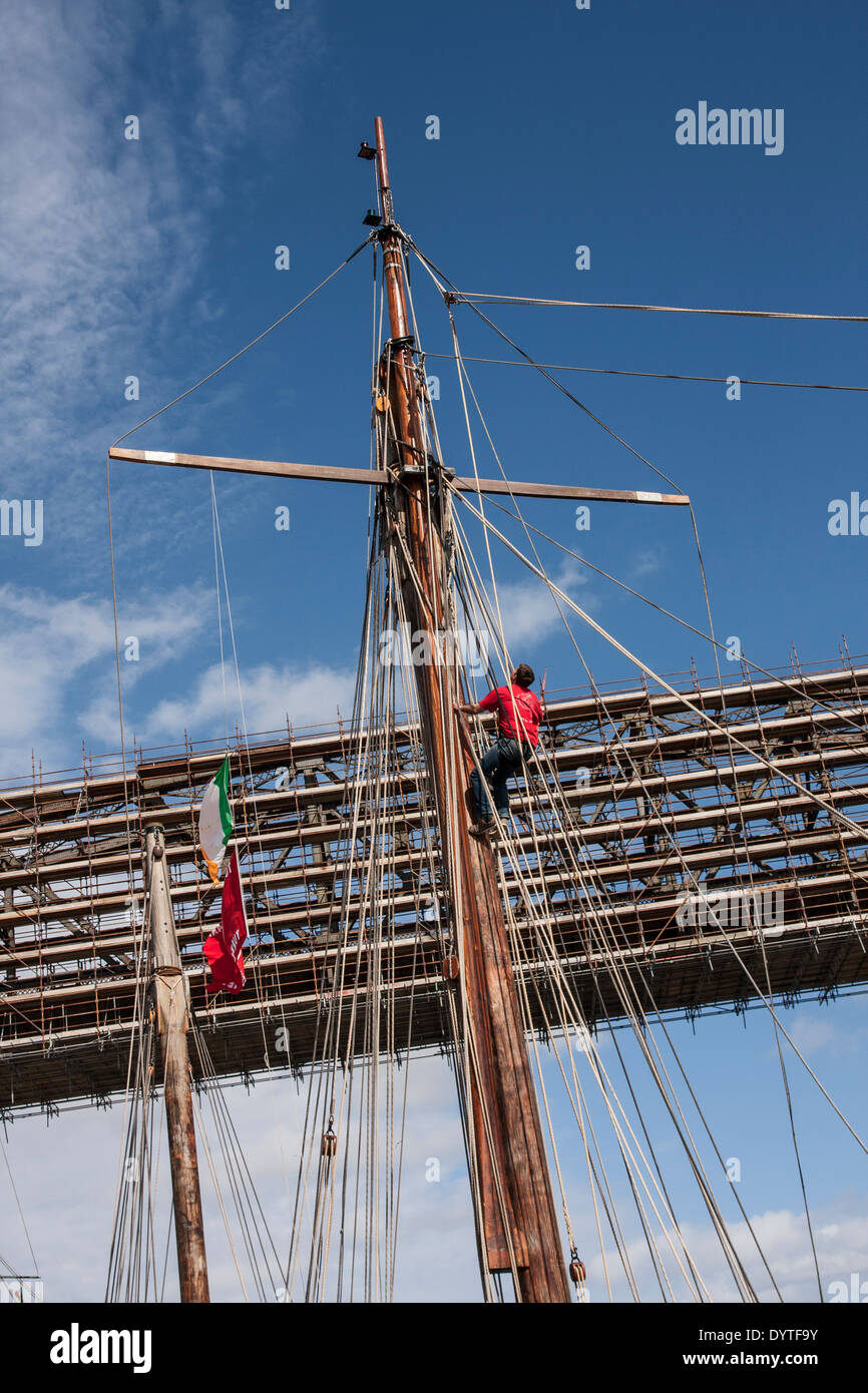 drogheda,louth,ireland,sailor on the rigging of a tall ship on the ...