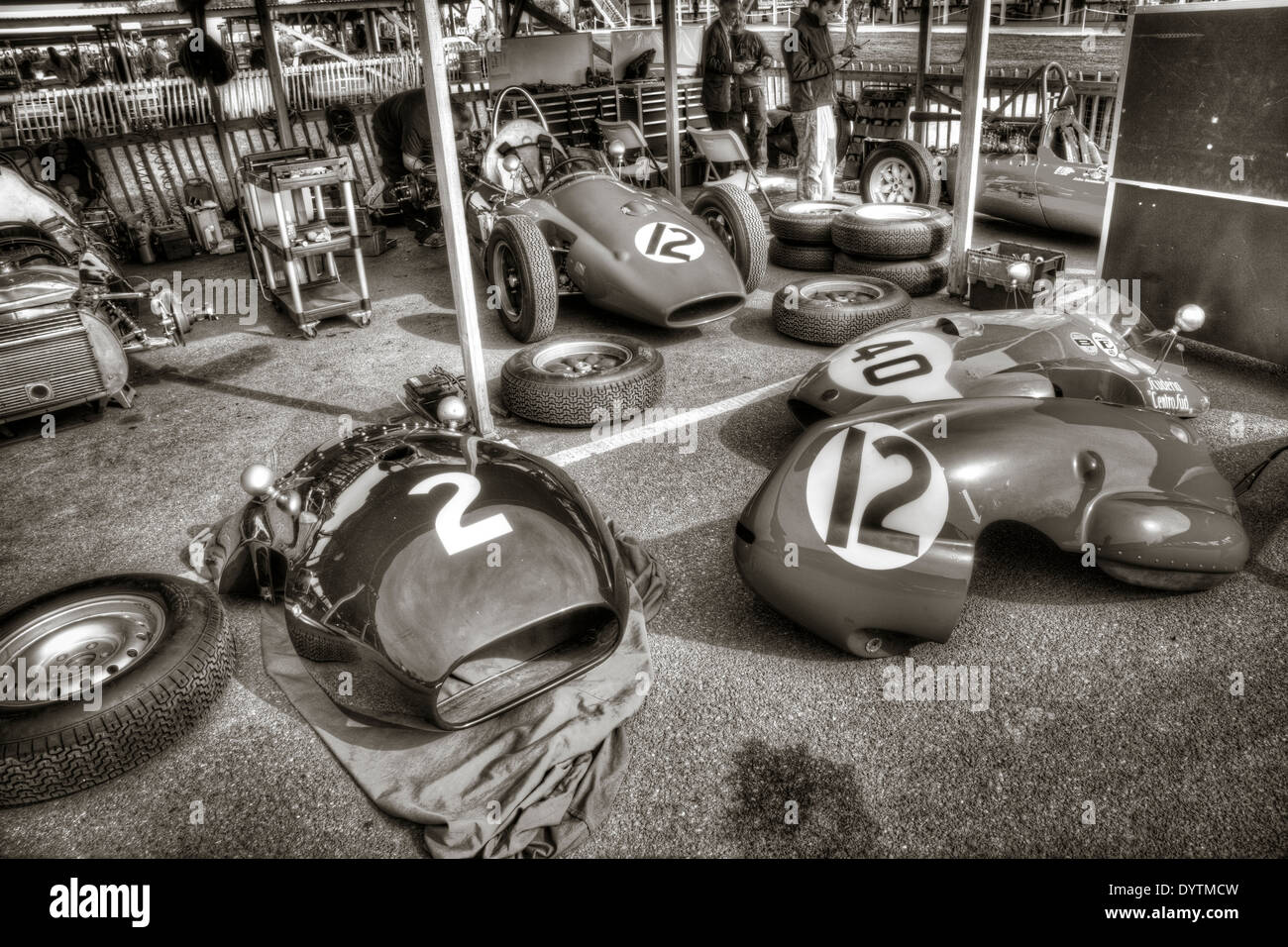 Assorted 1950's Grand Prix historic car parts in the paddock area of ...