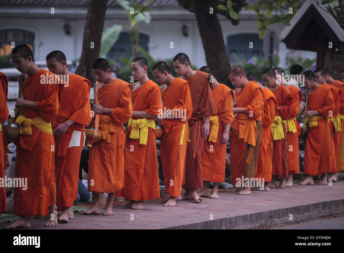 Monks walk in group to collect alms in early morning Stock Photo - Alamy