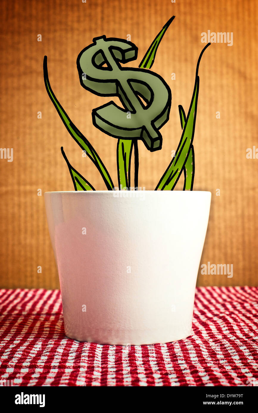 Growing dollars in flower pot, conceptual image of mixed content ...