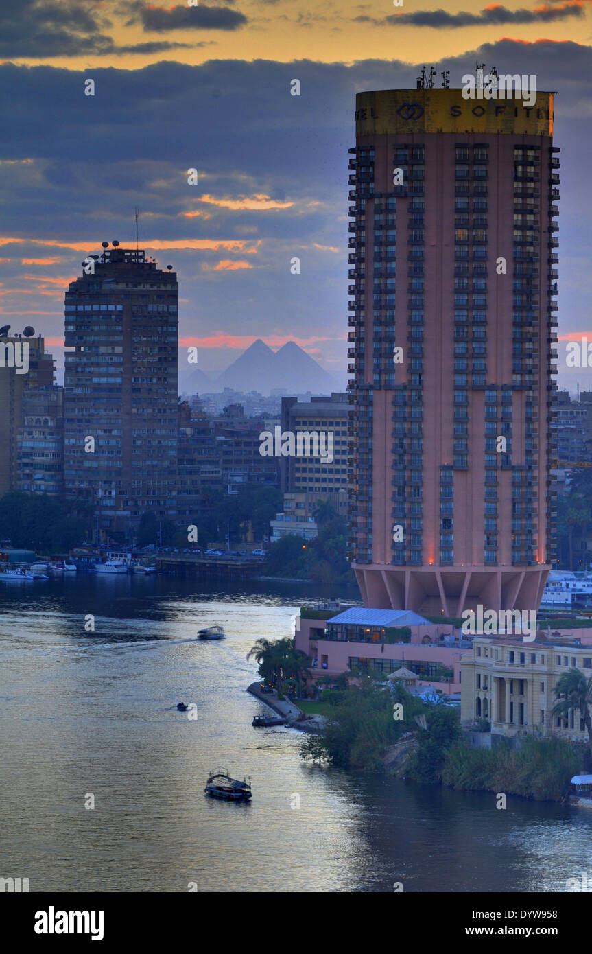 Urban Cairo view looking west towards the Giza Pyramids overlooking the ...