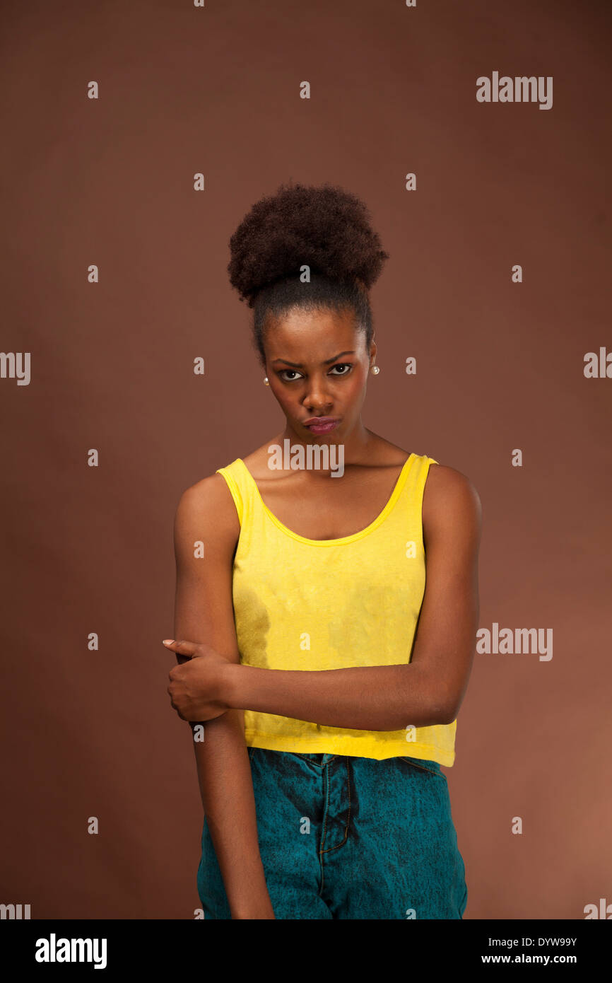 African American girl shows emotion with facial expressions Stock Photo ...