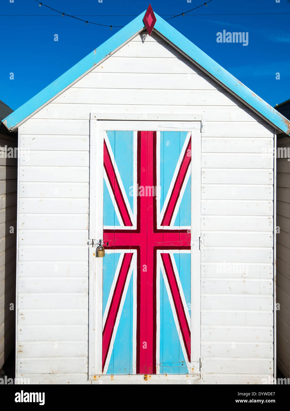 A beach hut painted with a Union Jack Flag on the front in Paignton ...