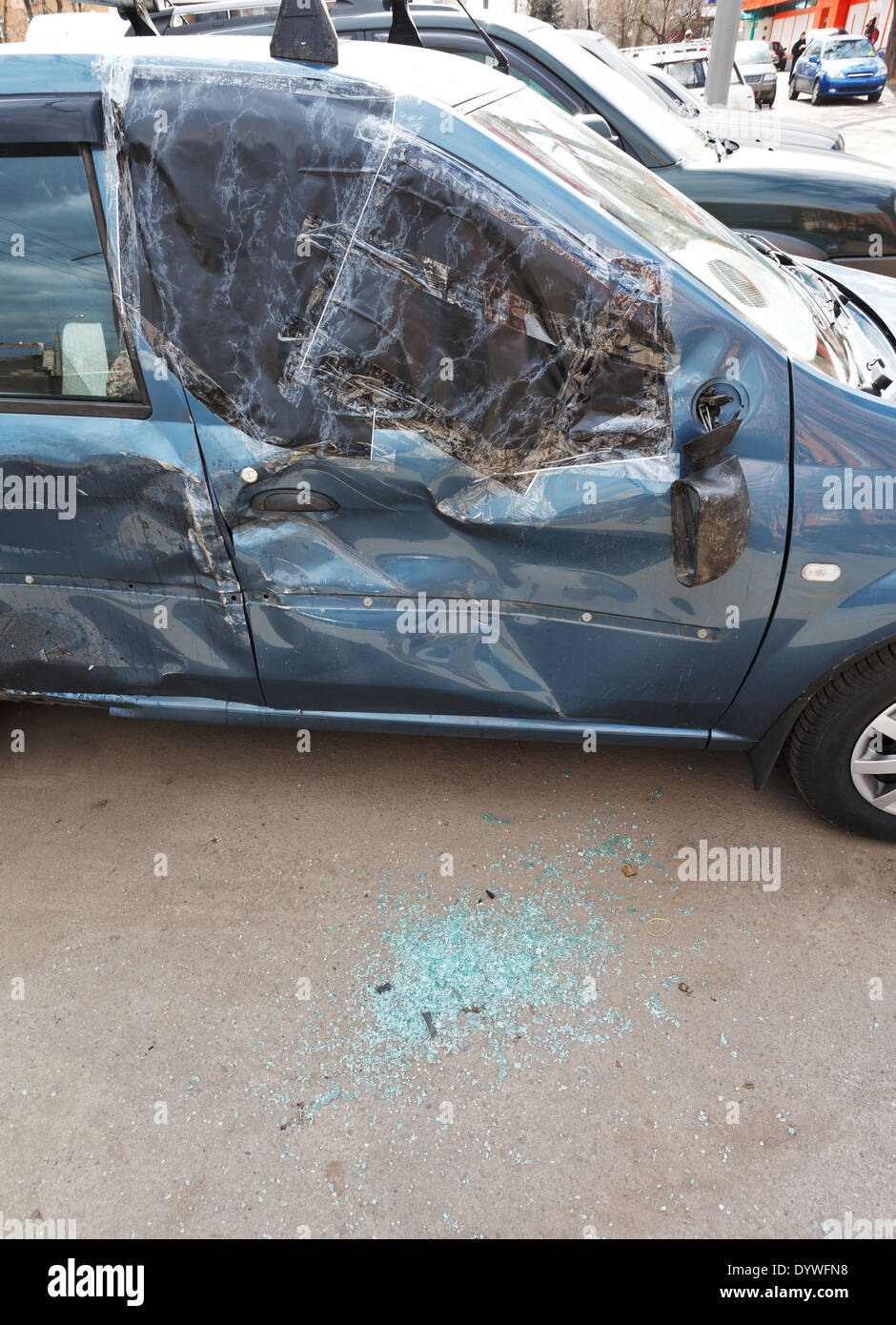 broken window of car during road accident on urban street Stock Photo ...