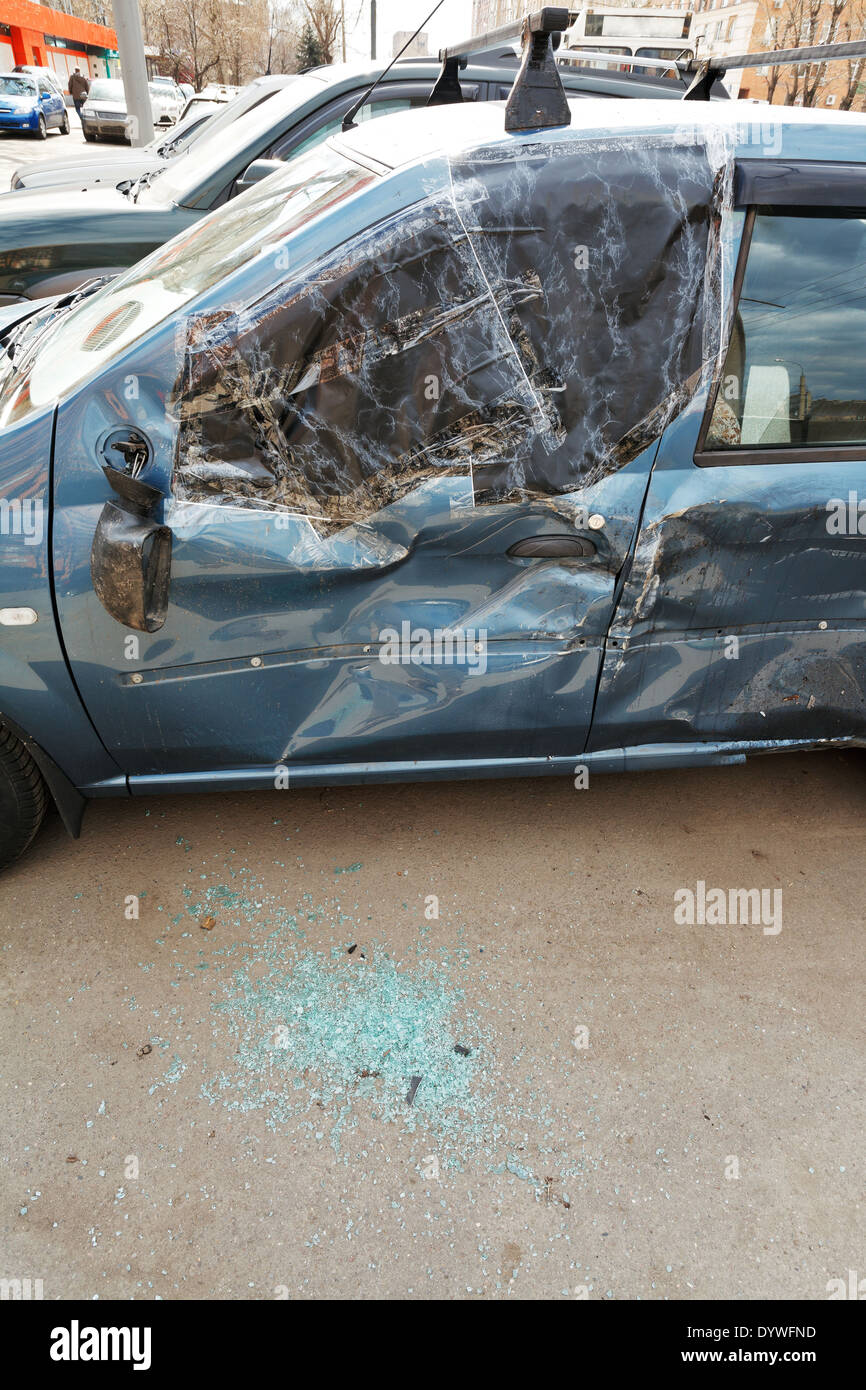 broken window of vehicle during road accident on urban street Stock ...