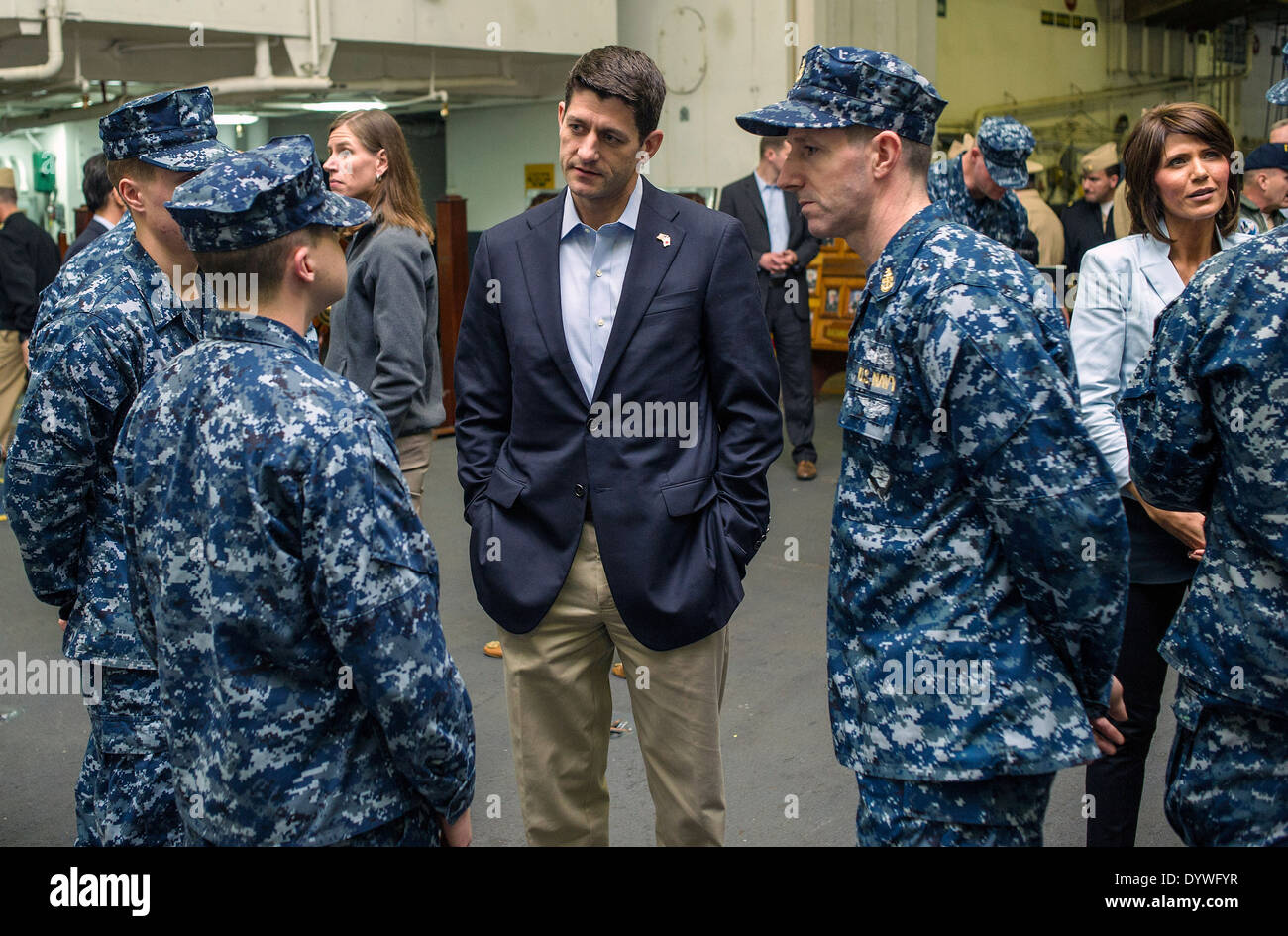 US Rep. Paul Ryan, center, speaks to Sailors in the hangar bay of the ...