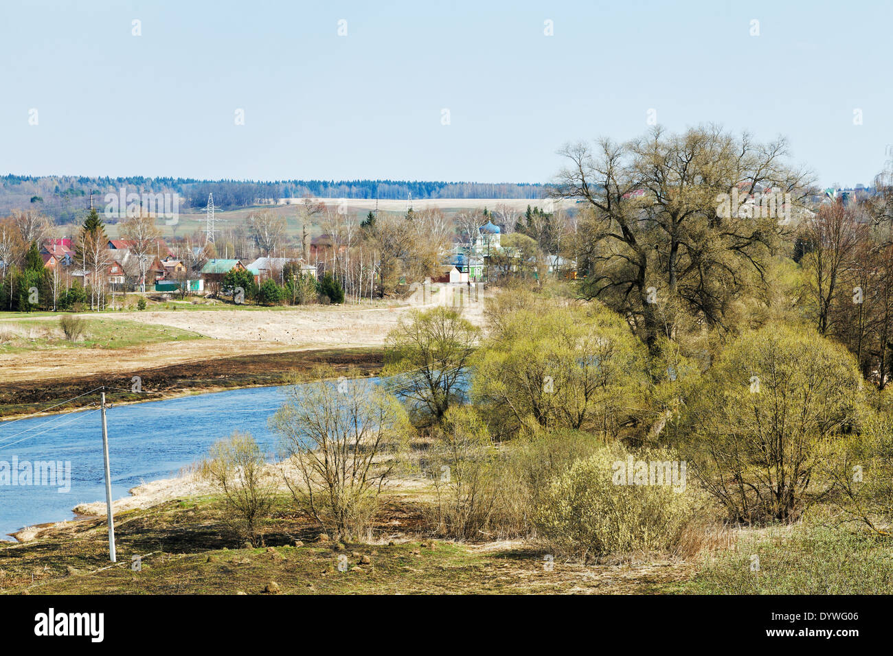 russian spring country landscape with church, village and Moskva River ...