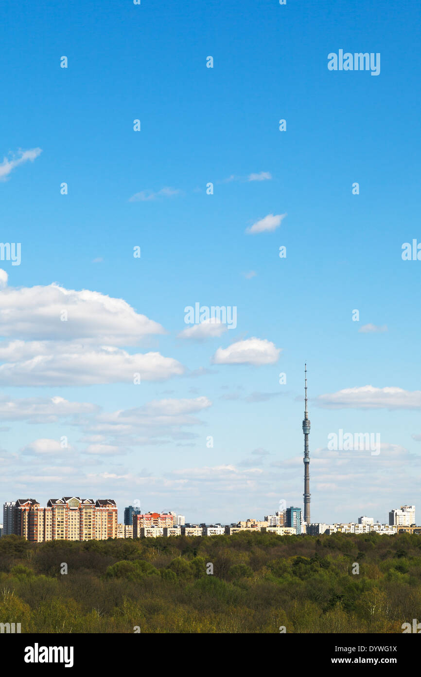 spring cityscape with TV tower and urban park in Moscow, Russia Stock ...