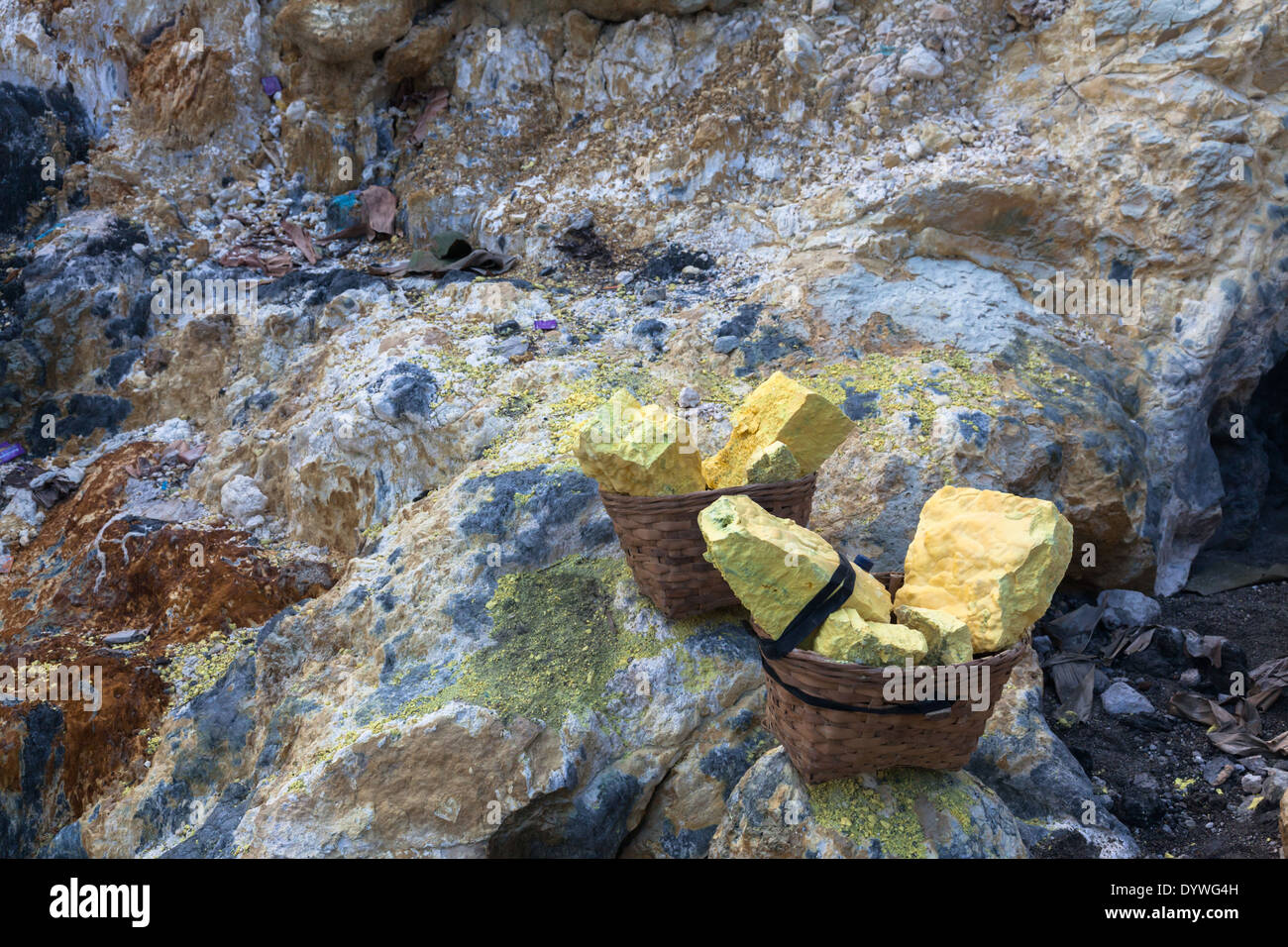 Big blocks of sulfur in baskets, Kawah Ijen, Banyuwangi Regency, East ...
