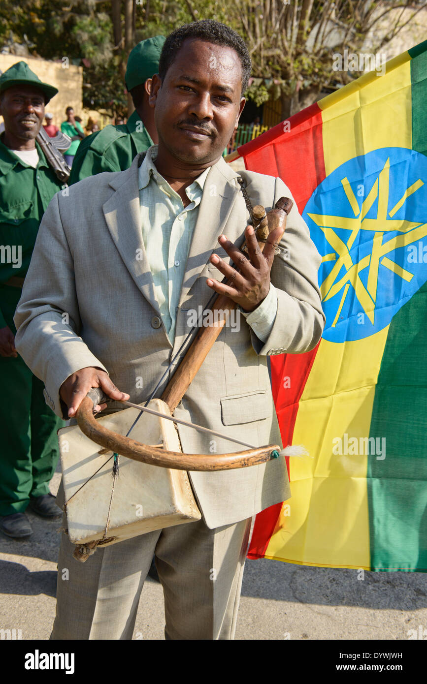 musician in the Tigray army marching band playing a traditional masinko ...