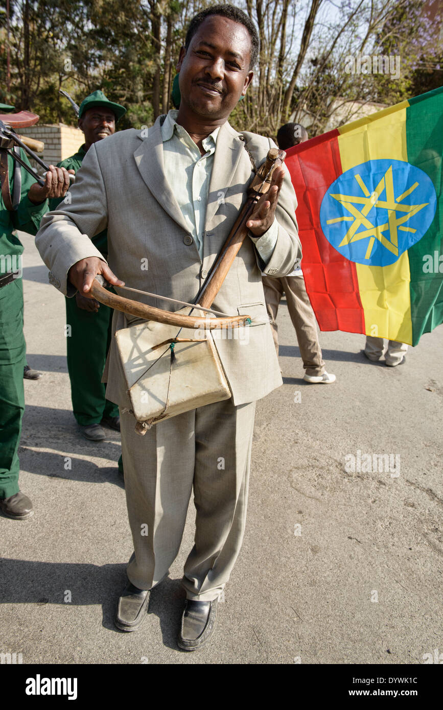 musician in the Tigray army marching band playing a traditional masinko ...