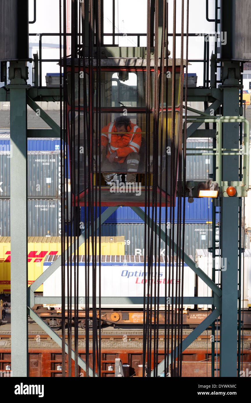Berlin, Germany, crane operator at the container terminal West Harbour ...