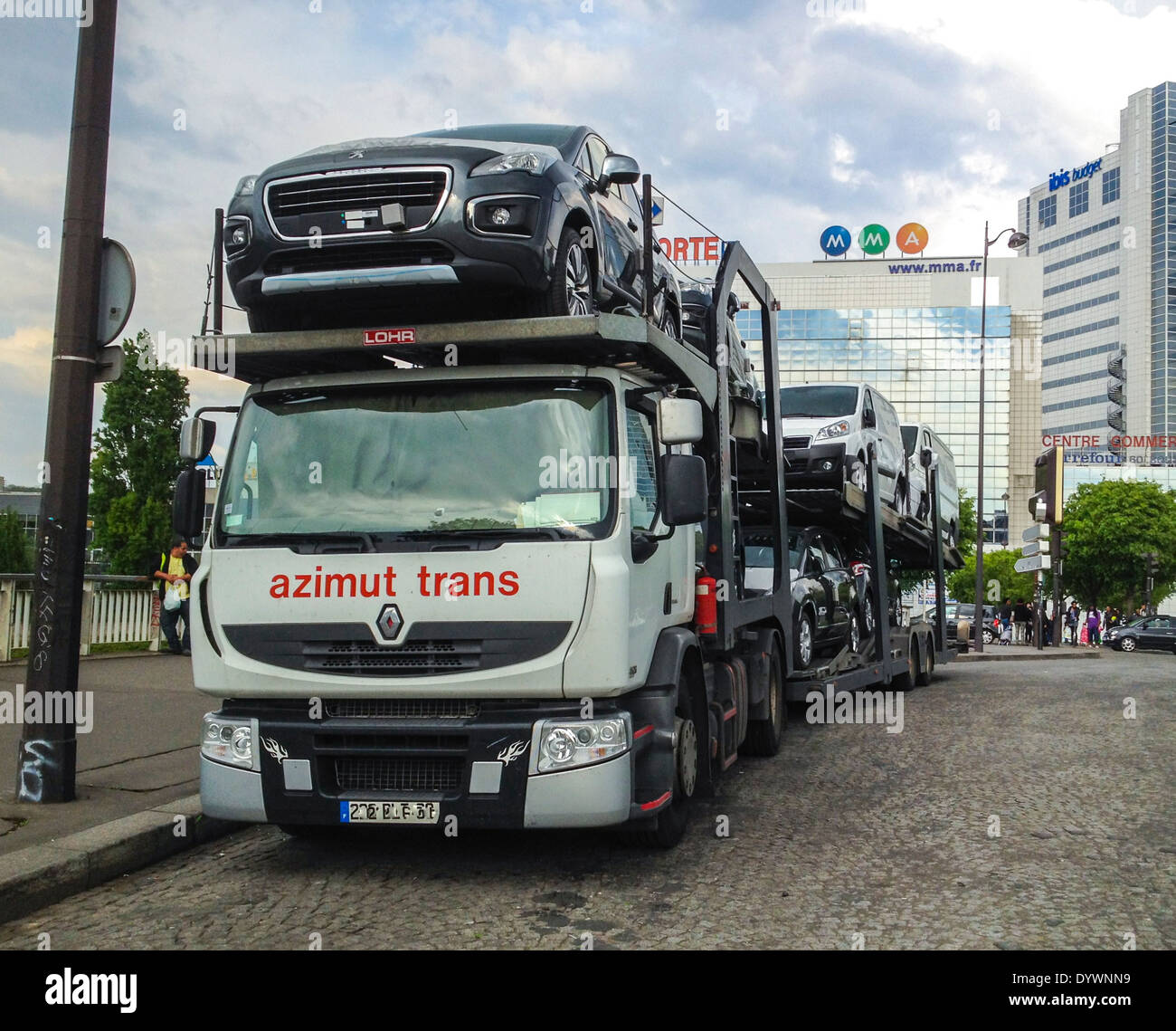 Paris, France, New French Cars Delivery on Truck on Street, Brand new ...