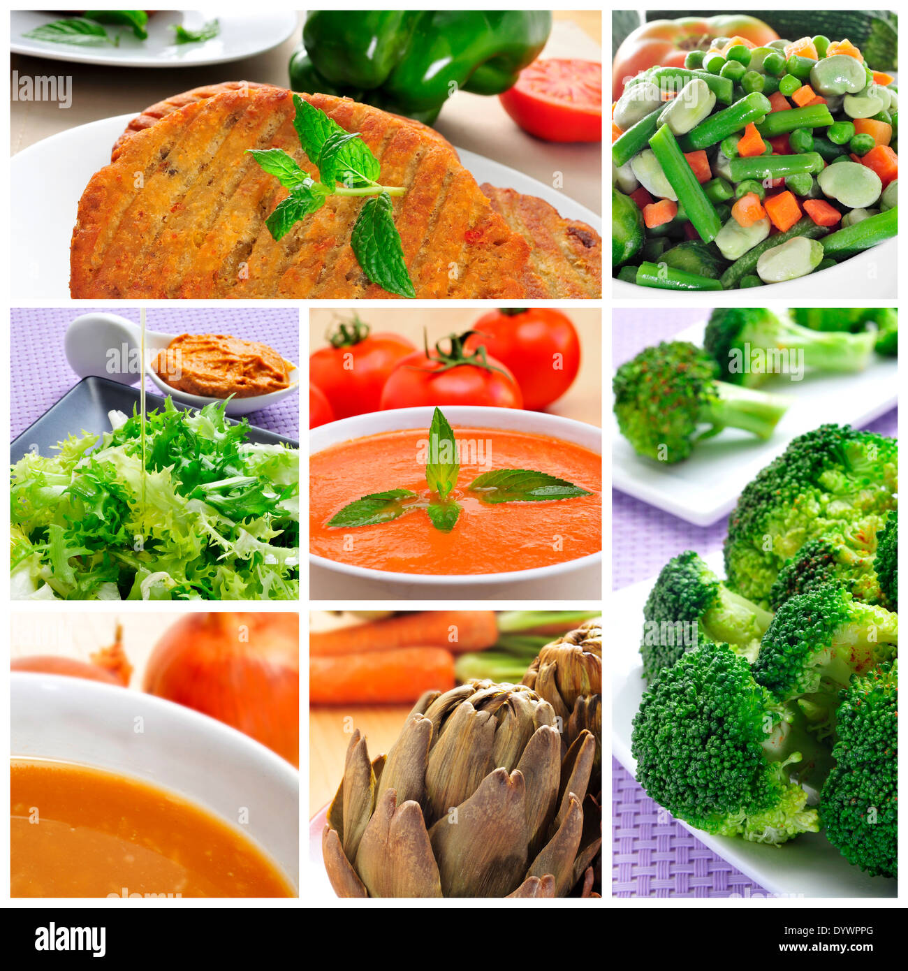 a collage of different vegan meals, such as veggie burgers, gazpacho ...