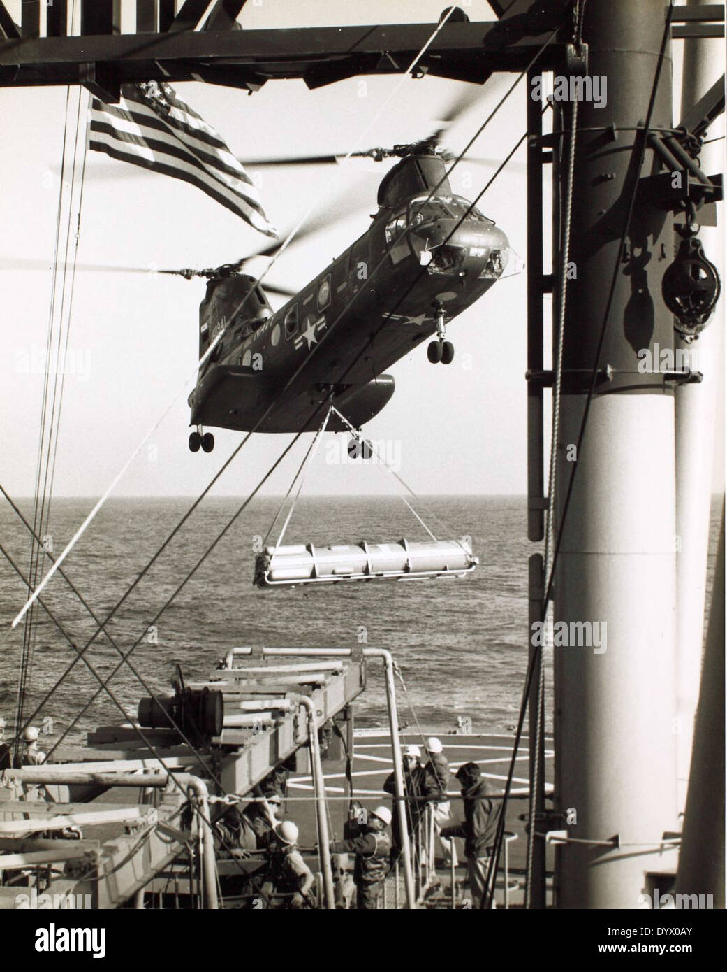 The U.S. Navy H-46 helicopter, BuNo 150941, is shown approaching a ship ...