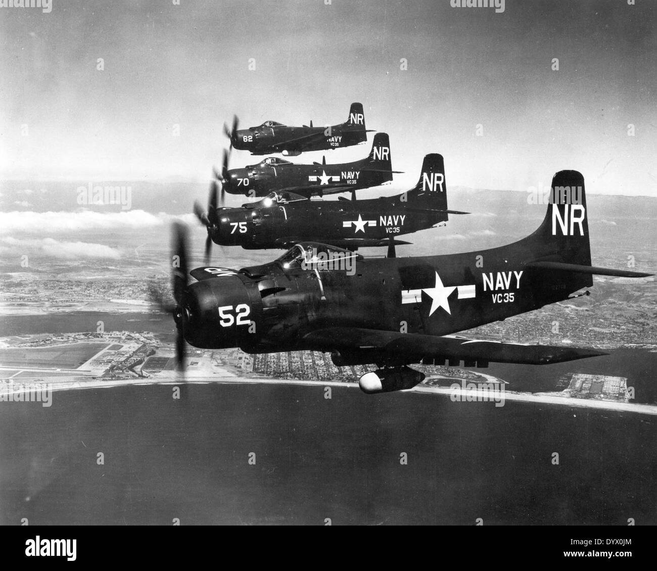 The AD-4 Skyraider, a carrier-based attack aircraft, is seen flying ...