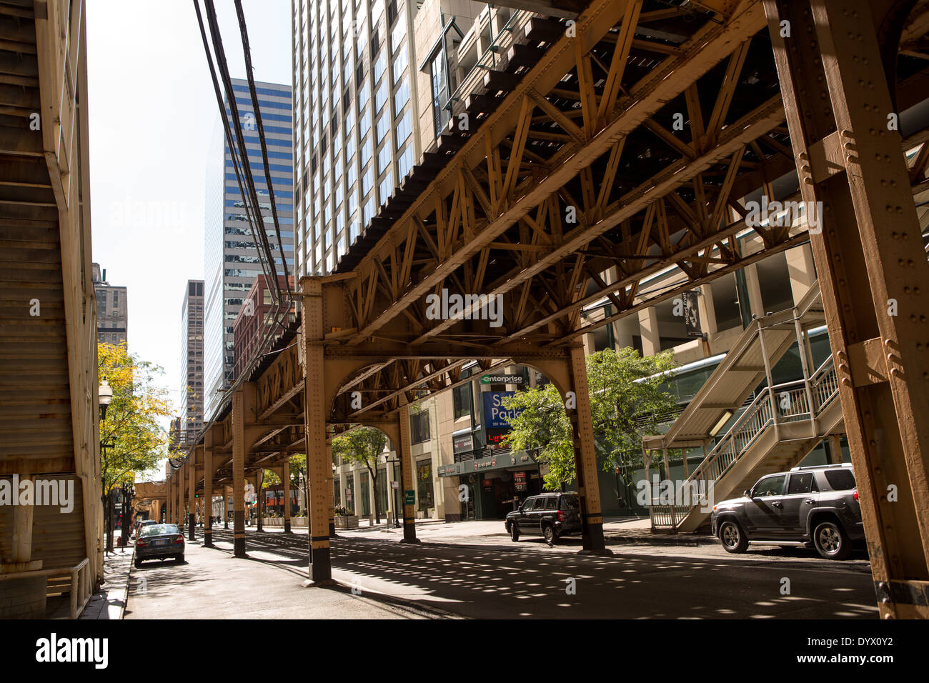 Elevated train line known as the L in the Loop District in Chicago, IL ...