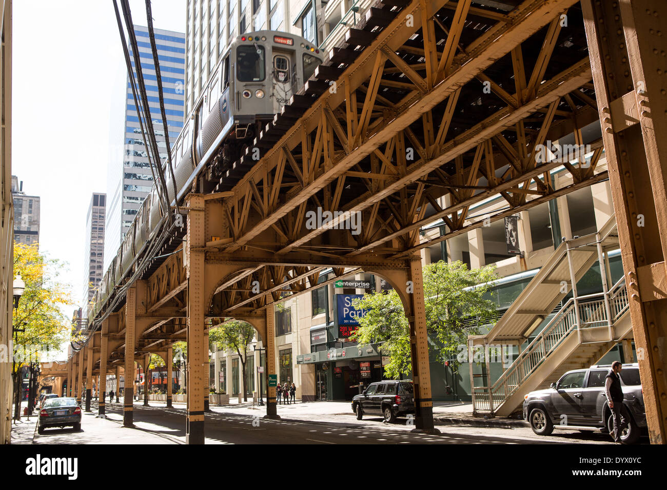 Elevated train line known as the L in the Loop District in Chicago, IL ...