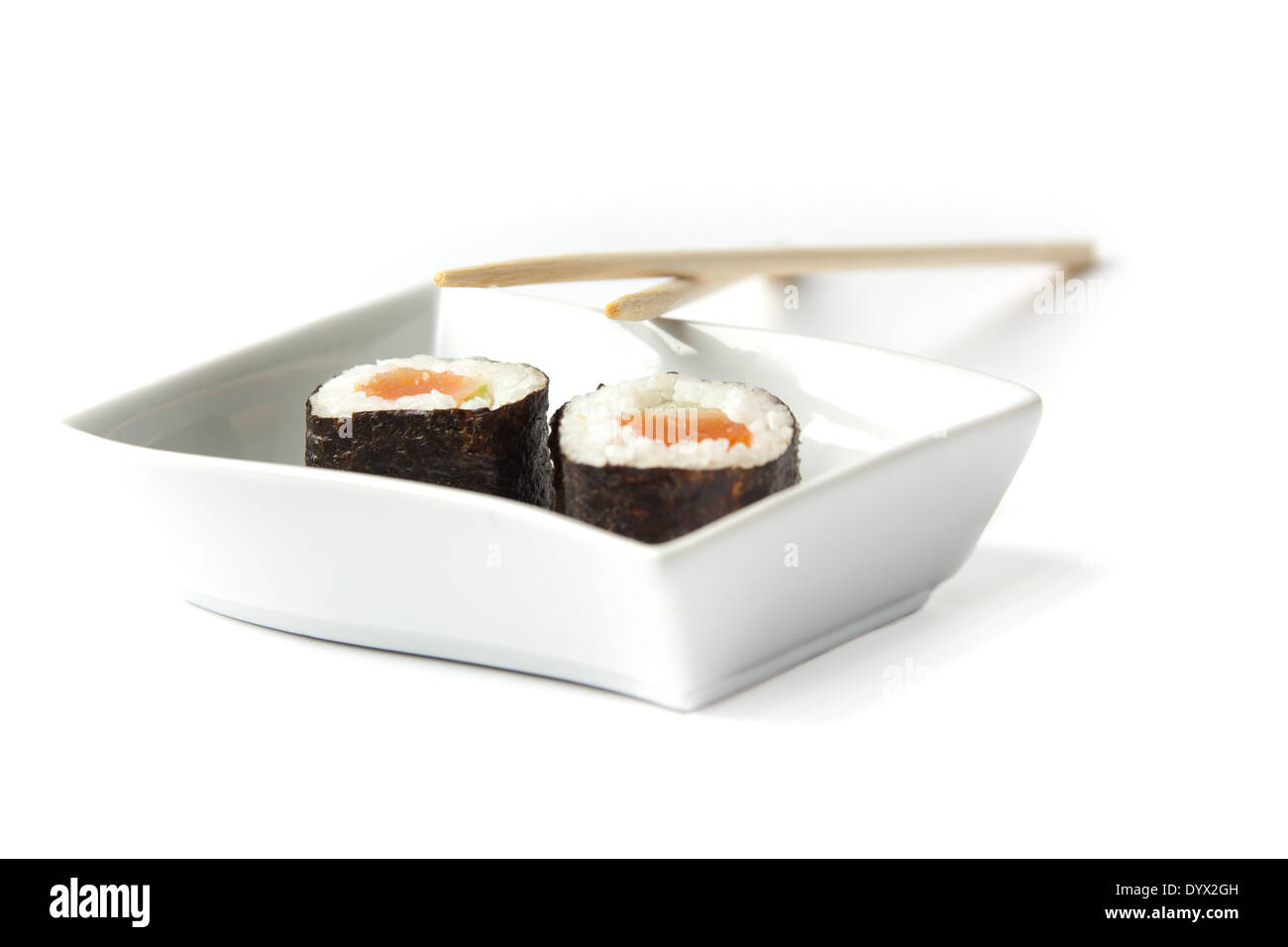 Two Maki Sushi in a white tray isolated on white background Stock Photo ...