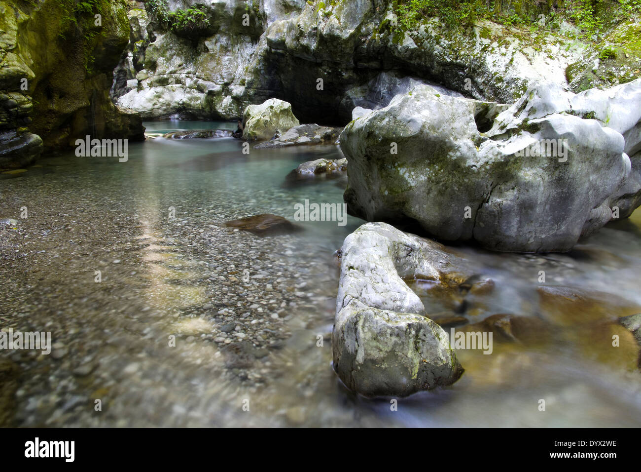 Water falling along the Bussento River in Morigerati, Salerno, Campania ...