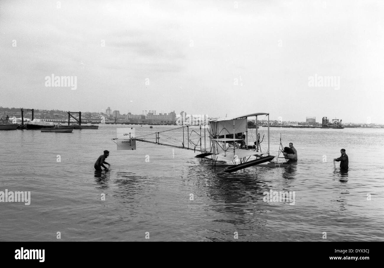 This image shows a replica of the Curtiss A-1 aircraft, an early U.S ...