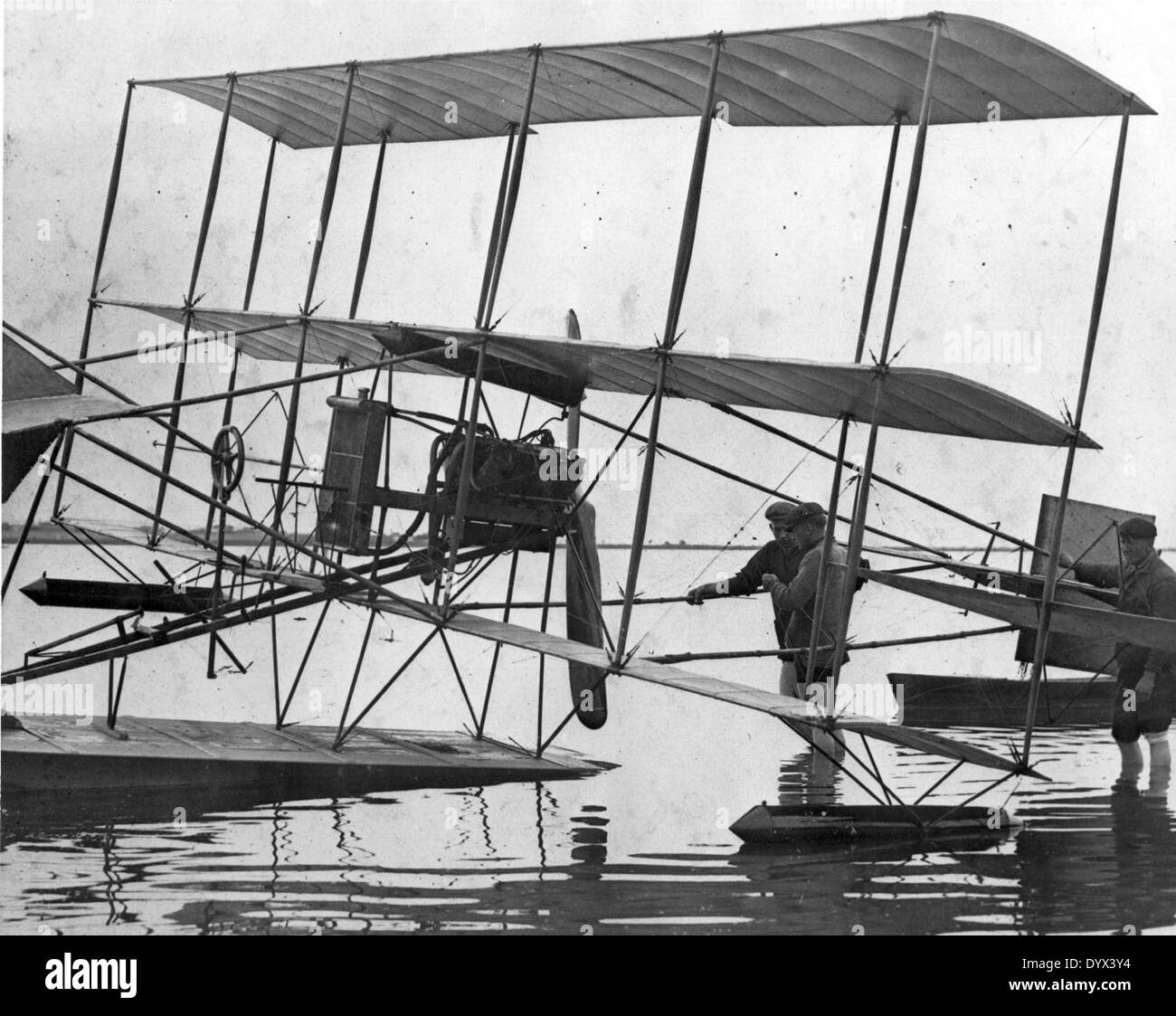 This early aviation photograph depicts a modified Curtiss Hydro ...