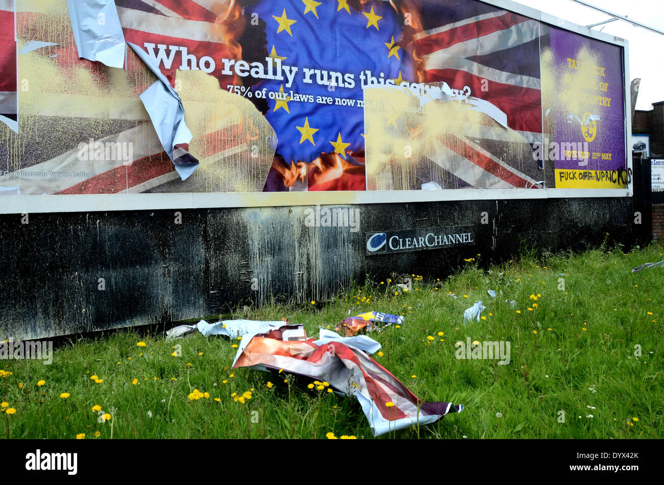 London, UK, 26 April 2014 UKIP poster vandalized for second time during ...