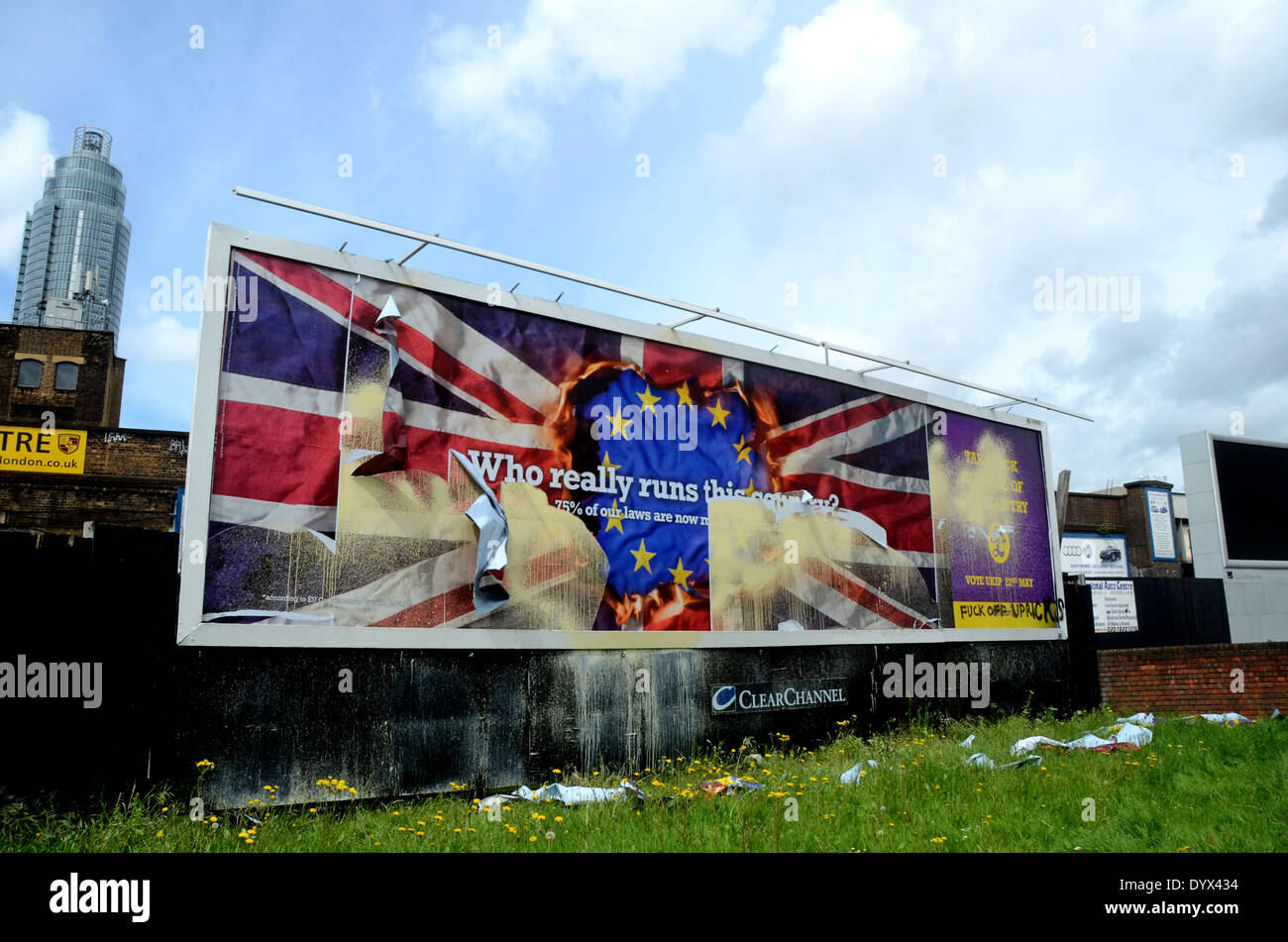 London, UK, 26 April 2014 UKIP poster vandalized for second time during ...