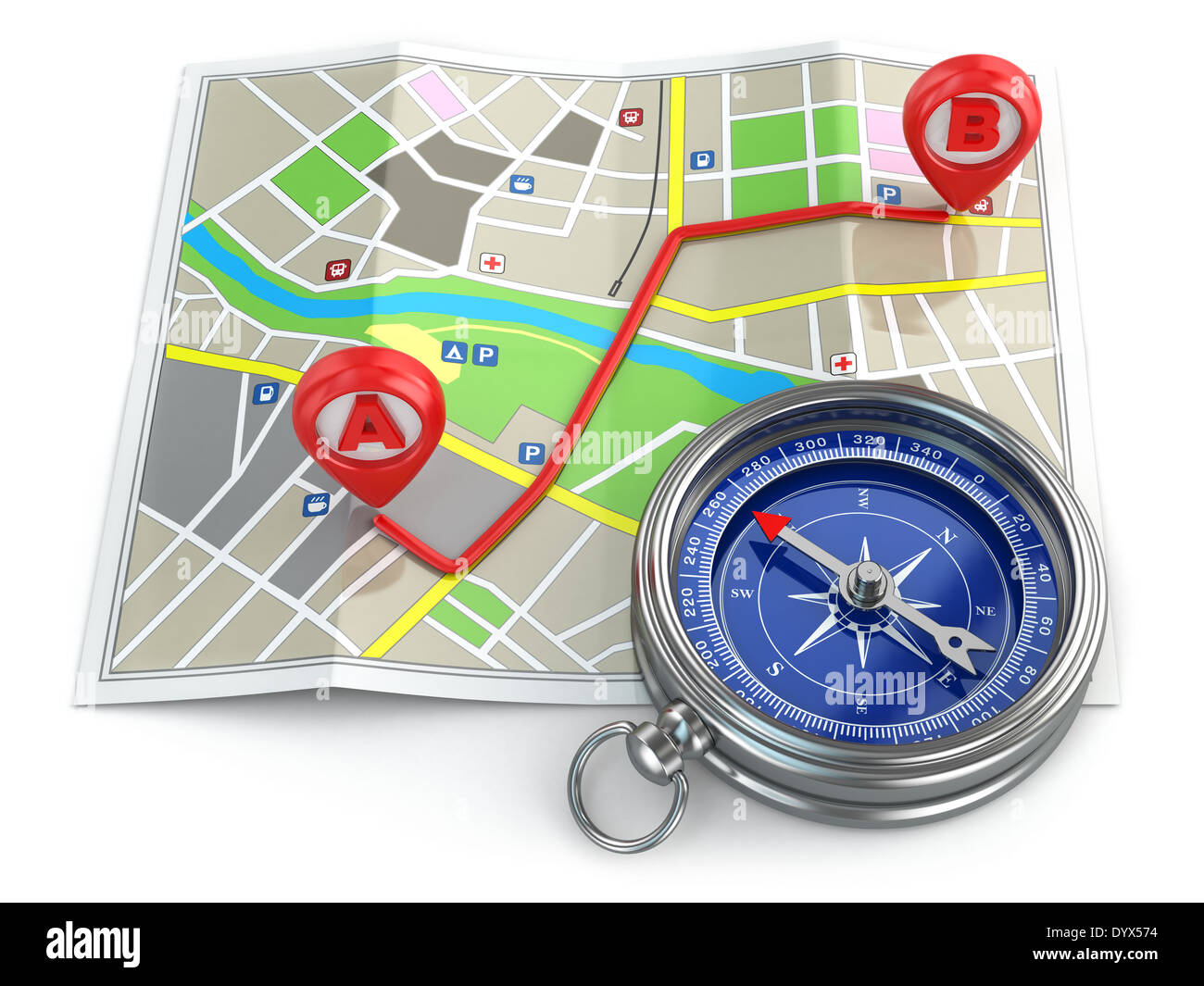 Navigation and gps concept. Compass and map. 3d Stock Photo - Alamy