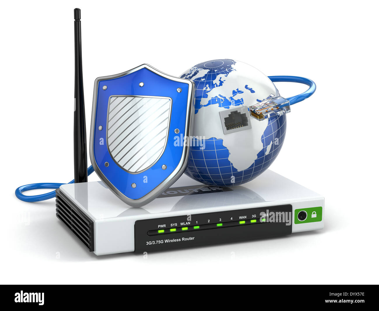 Internet security. Router with shield and earth. 3d Stock Photo - Alamy