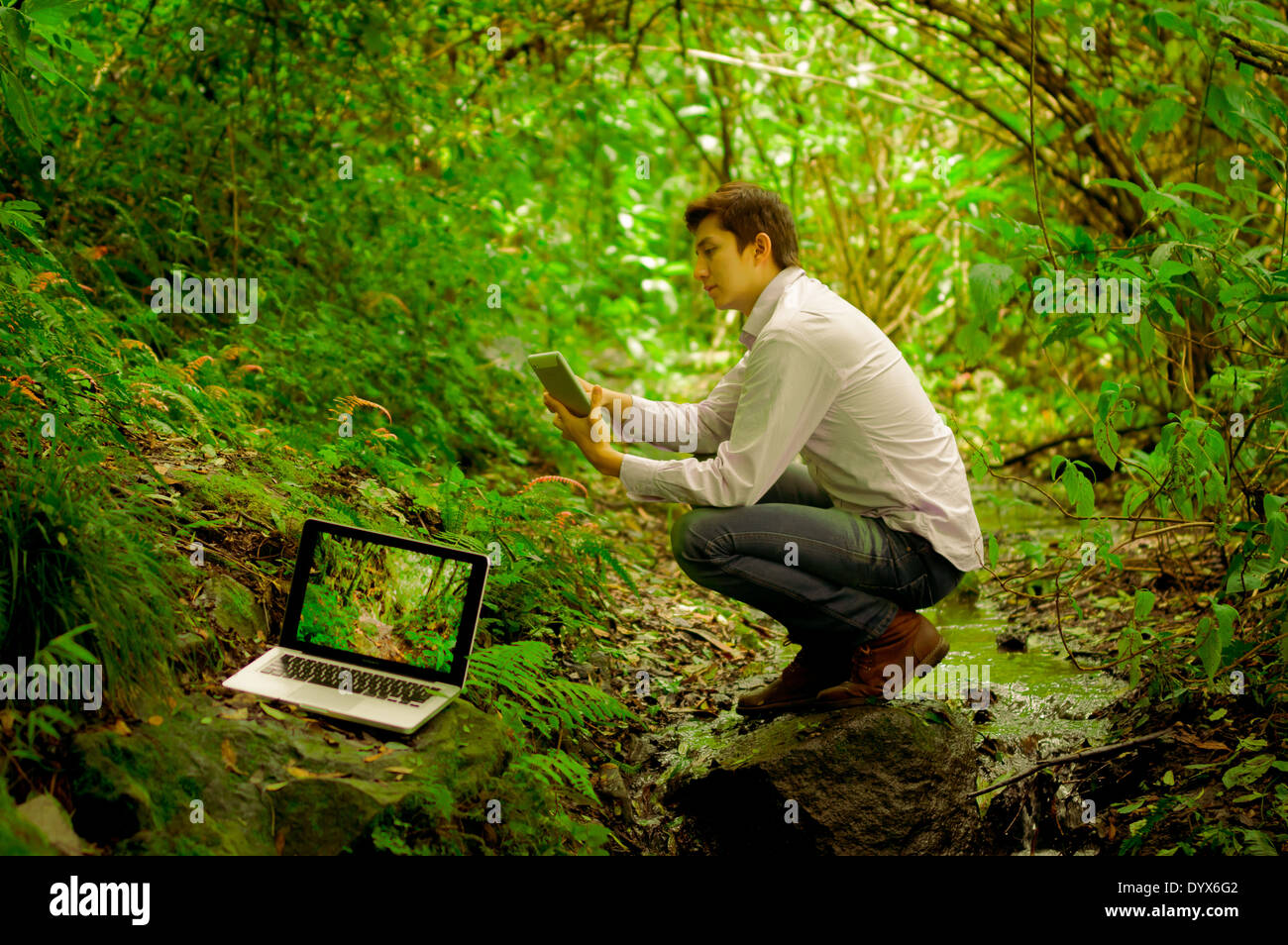 man using tablet and personal computer in the jungle Stock Photo - Alamy