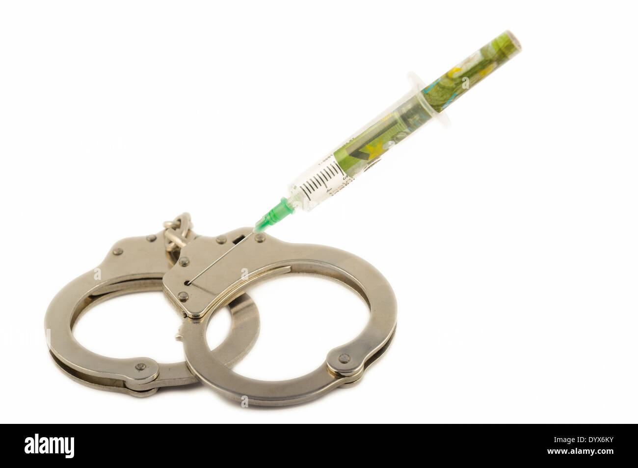 injection shot with money on the handcuffs Isolated on white background ...