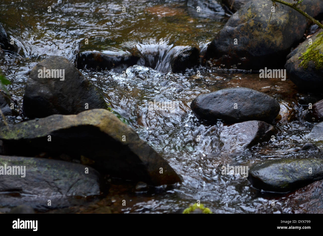 Water running over rocks in a little stream running through the Balloch ...
