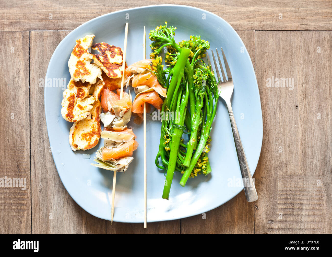 Halloumi cheese, smoked salmon, grilled artichokes and cooked broccoli ...