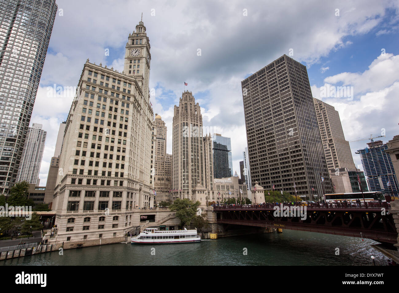 Wrigley Building and Tribune Tower from Wacker Drive in Chicago, IL ...