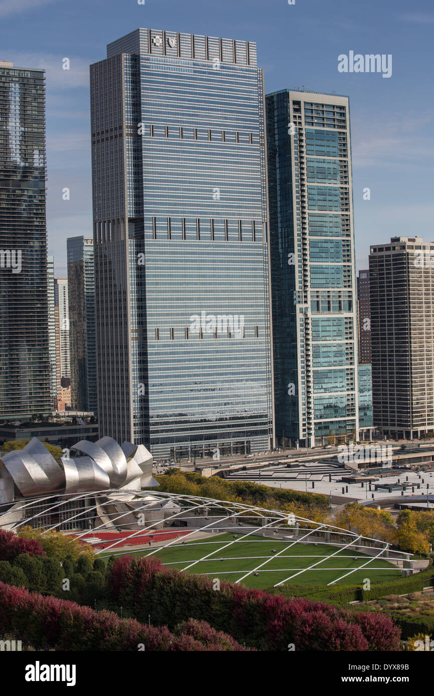 Aerial view of the downtown skyline and Jay Pritzker Pavilion in ...