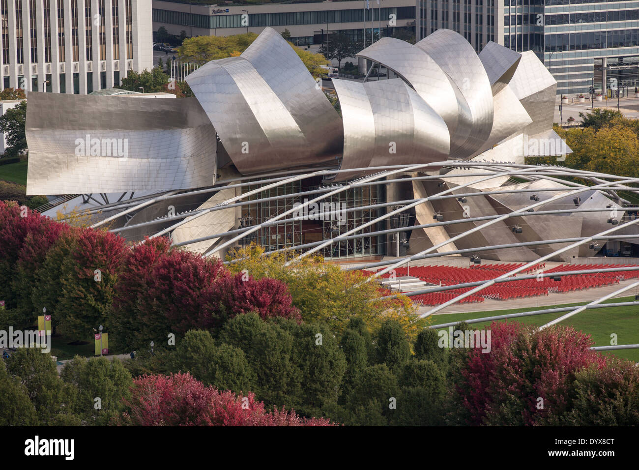 Aerial view of the Jay Pritzker Pavilion in Millennium Park from the ...