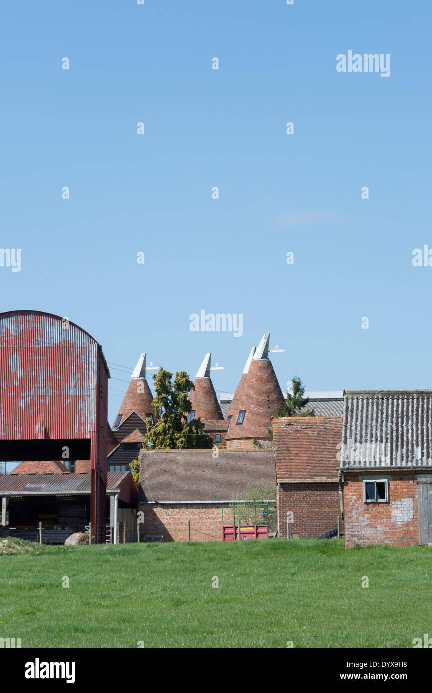 View of hop farm with oast houses, barns and outbuildings near ...