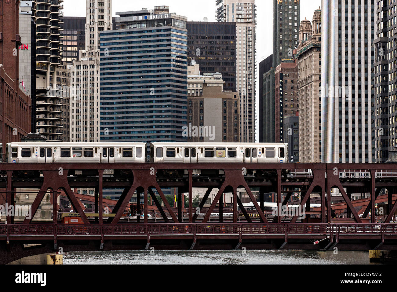 Elevated train known as the L crossing the Chicago River on the North ...