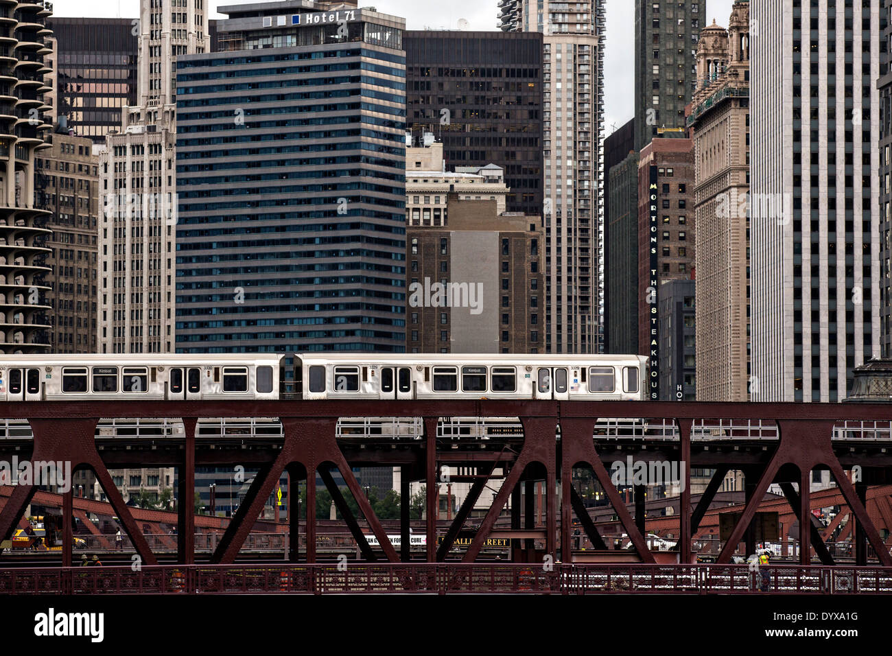 Elevated train known as the L crossing the Chicago River on the North ...