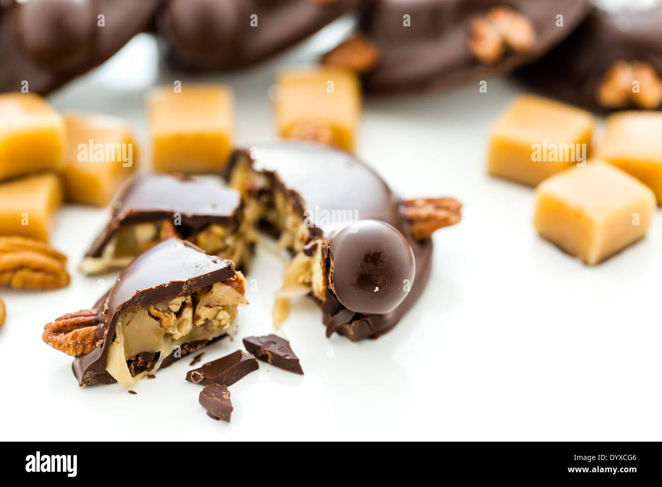 Gourmet Caramel Pecan Turtles made with milk chocolate and whole pecans ...