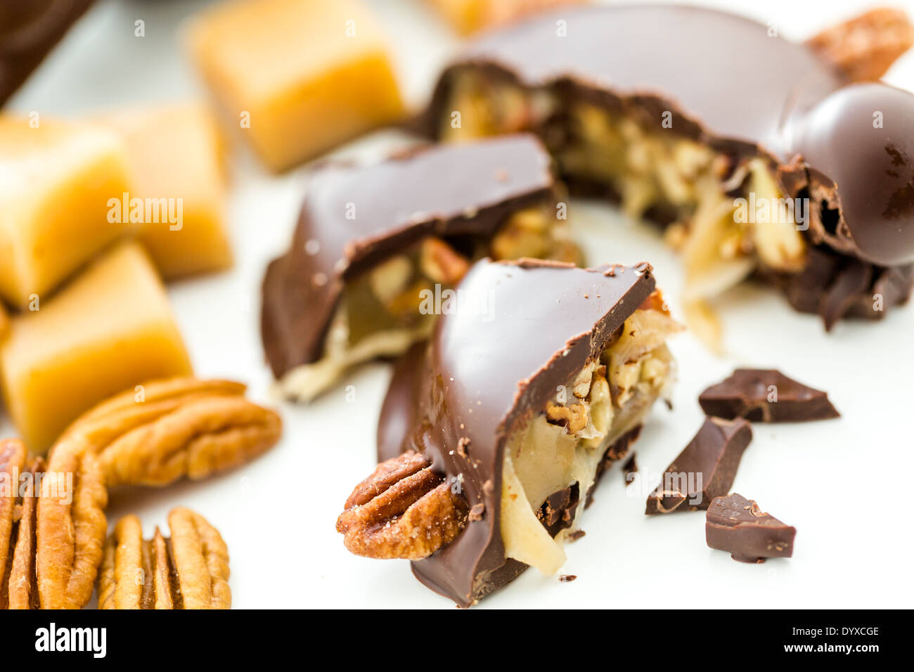 Gourmet Caramel Pecan Turtles made with milk chocolate and whole pecans ...