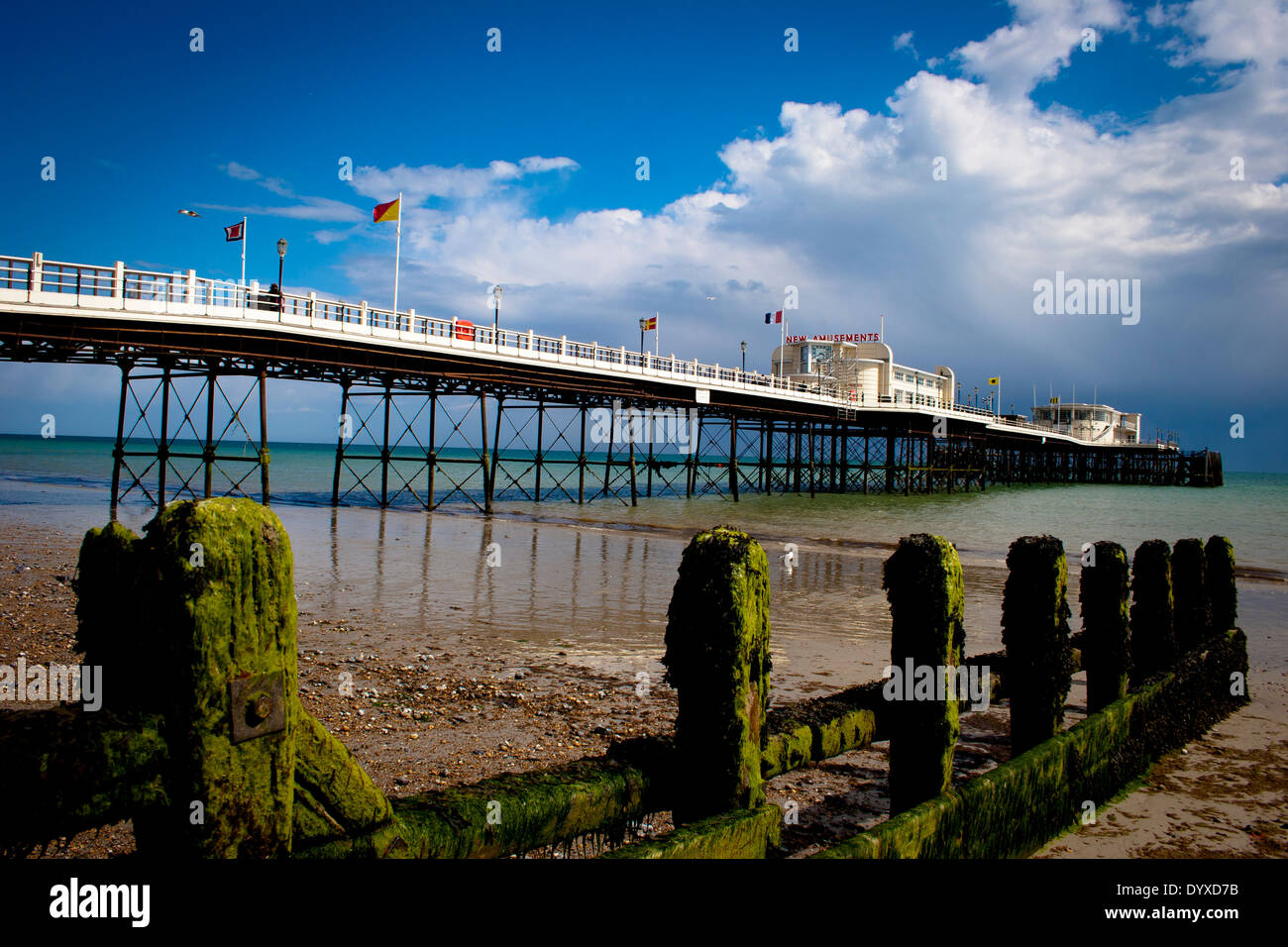 beach view at low tide looking up through old weathered jetty posts to ...
