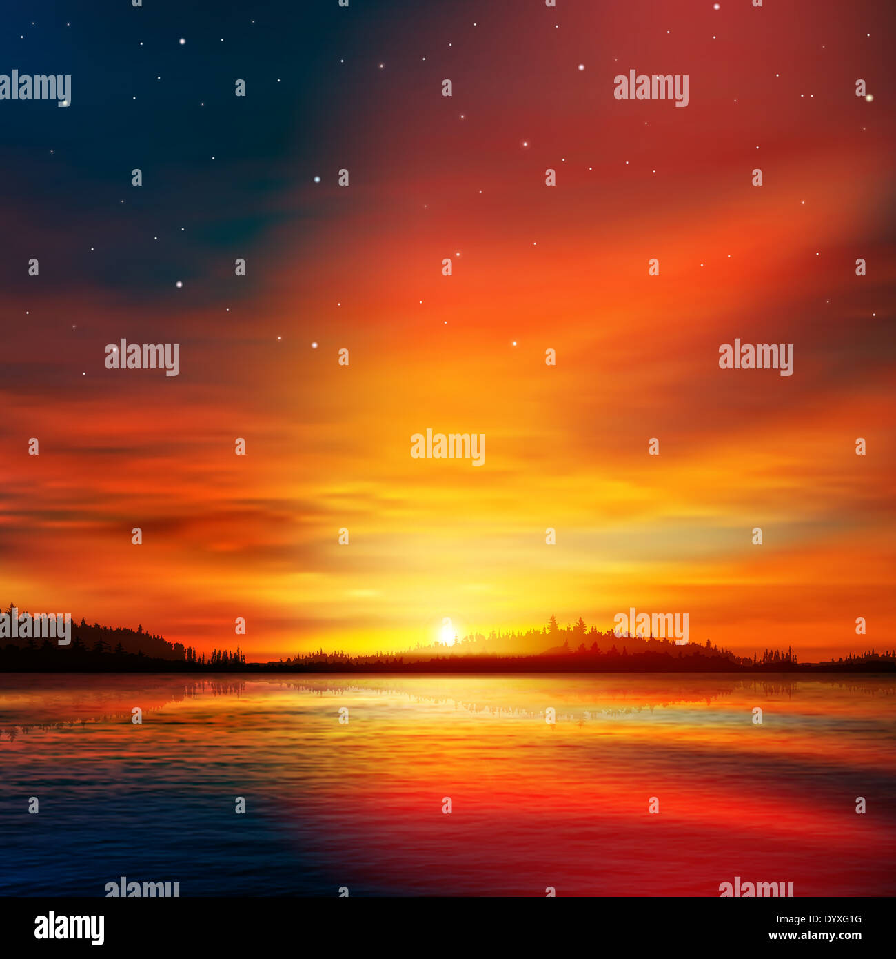 abstract nature background with forest lake and red sunset Stock Photo ...