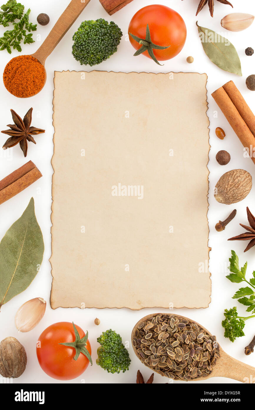 food ingredients and paper isolated on white background Stock Photo - Alamy