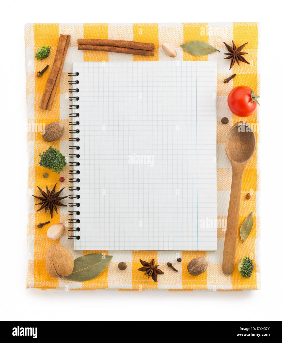 food ingredients and recipe book on white background Stock Photo - Alamy