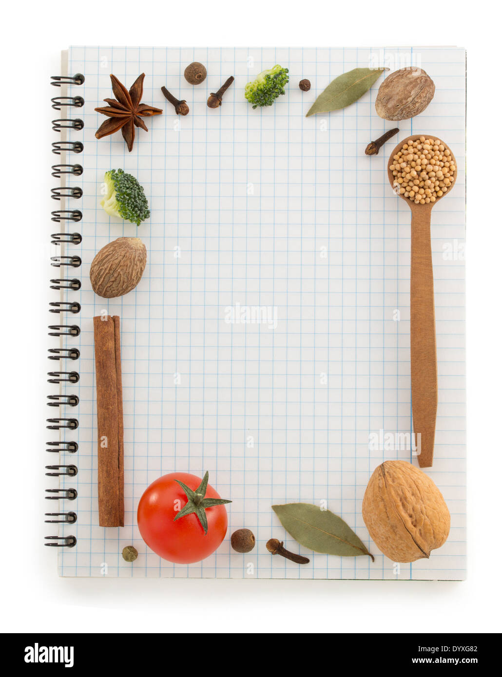 food ingredients and recipe book on white background Stock Photo - Alamy