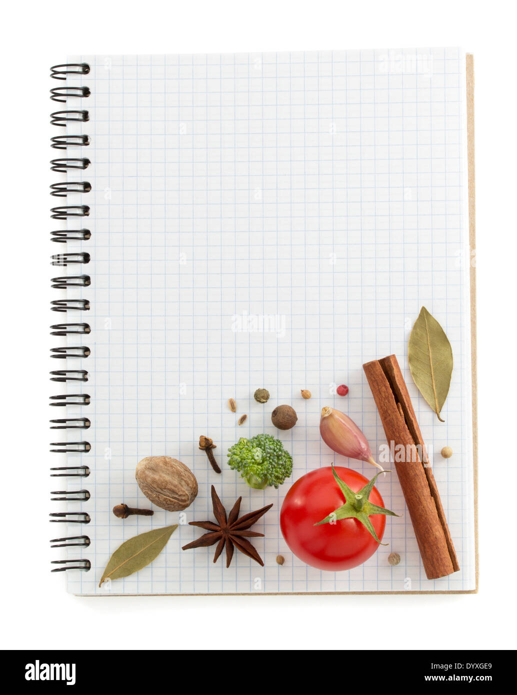 food ingredients and recipe book on white background Stock Photo - Alamy