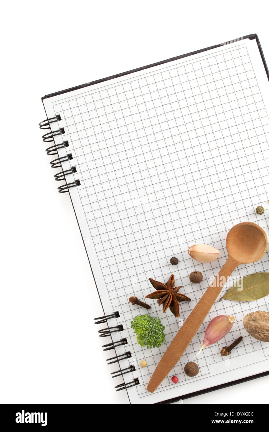 food ingredients and recipe book on white background Stock Photo - Alamy